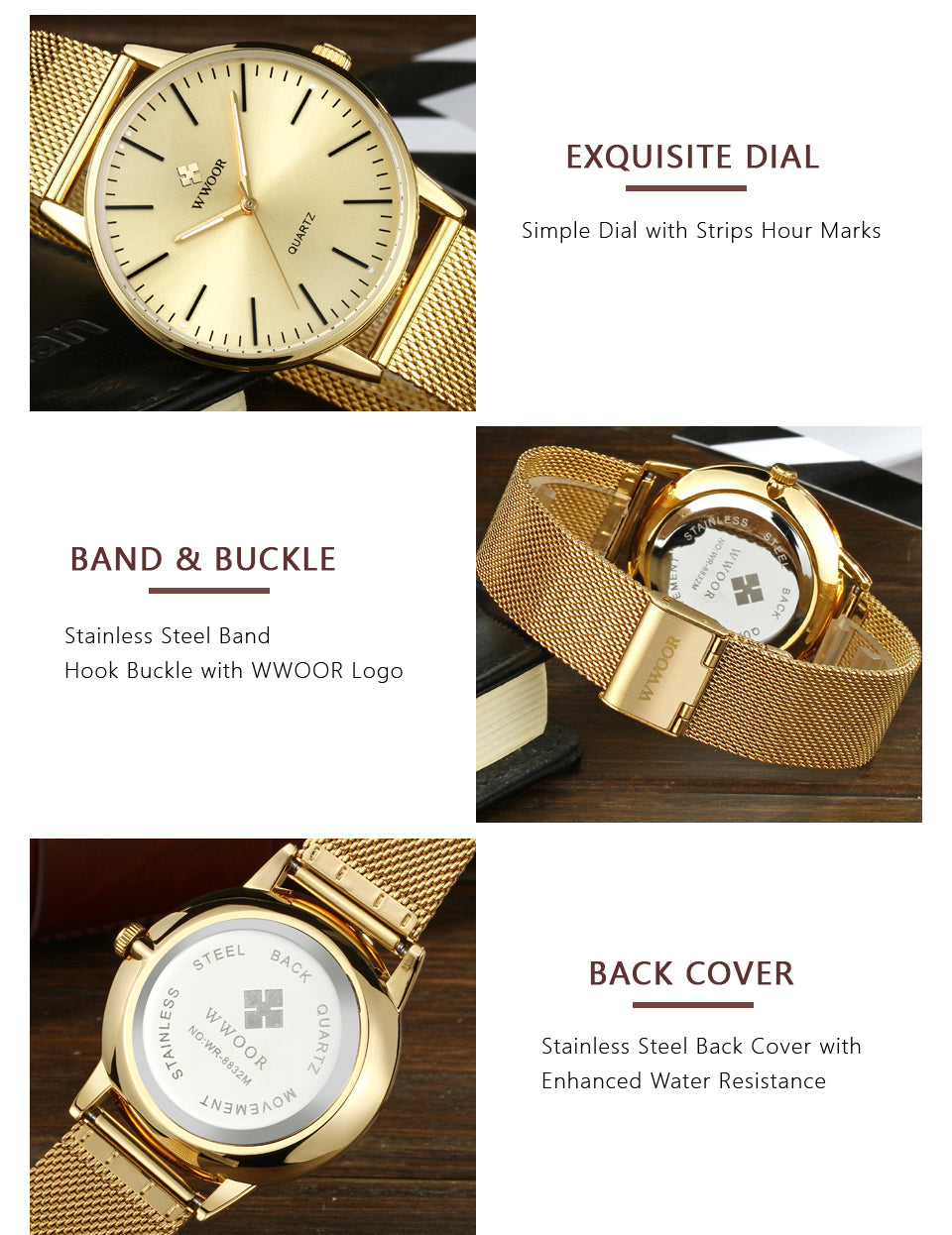 WWOOR Men Simple Slim Quartz Watch Gold Steel Mesh Ultra Thin Men Watc ...