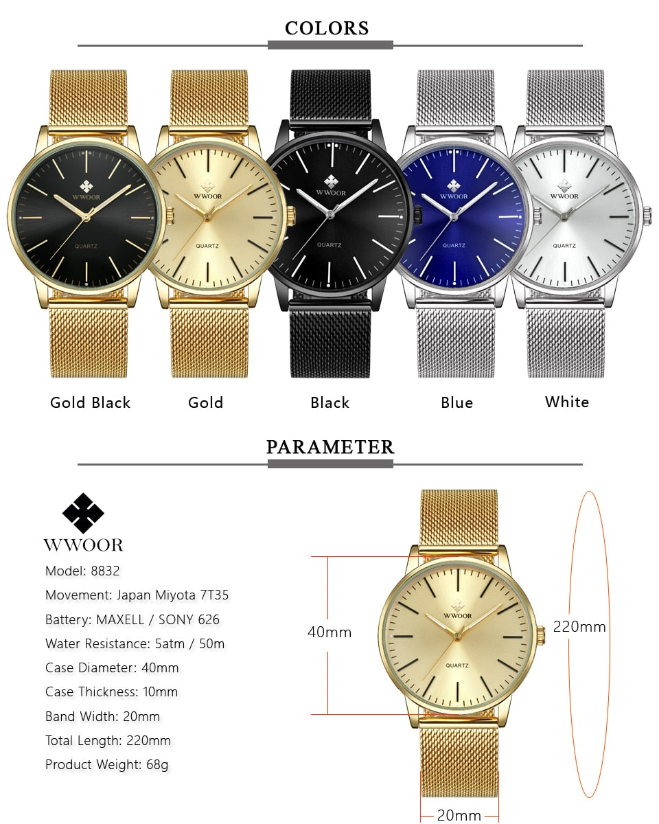 WWOOR Men Simple Slim Quartz Watch Gold Steel Mesh Ultra Thin Men Watc ...
