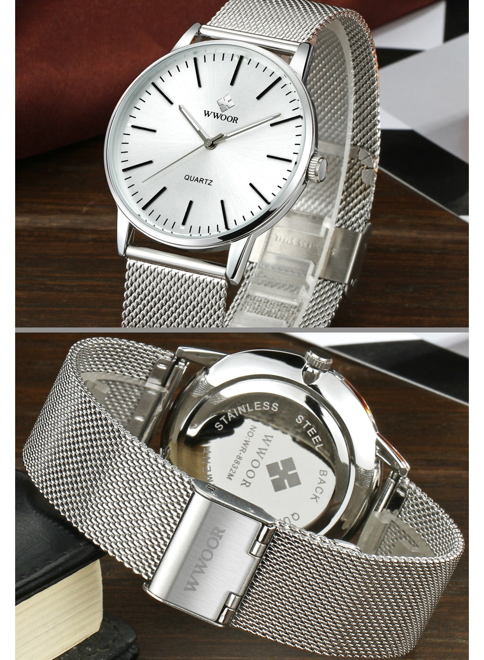WWOOR Men Simple Slim Quartz Watch Gold Steel Mesh Ultra Thin Men Watc ...