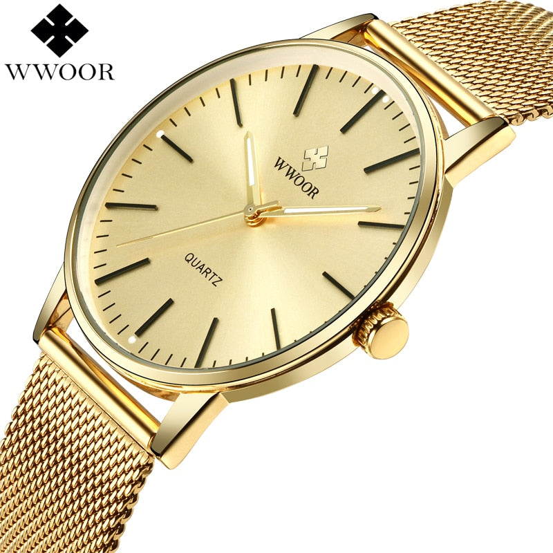 WWOOR Men Simple Slim Quartz Watch Gold Steel Mesh Ultra Thin Men Watc ...
