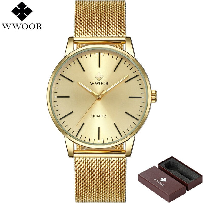 WWOOR Men Simple Slim Quartz Watch Gold Steel Mesh Ultra Thin Men Watc ...