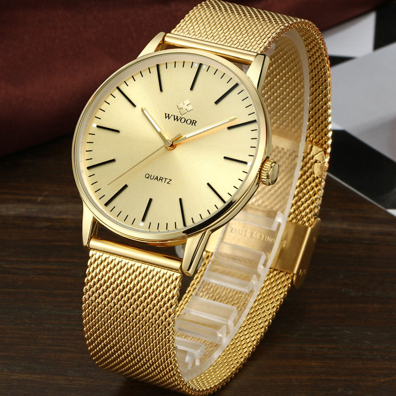 WWOOR Men Simple Slim Quartz Watch Gold Steel Mesh Ultra Thin Men Watc ...