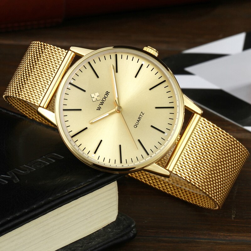 WWOOR Men Simple Slim Quartz Watch Gold Steel Mesh Ultra Thin Men Watc ...