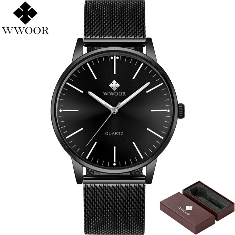 WWOOR Men Simple Slim Quartz Watch Gold Steel Mesh Ultra Thin Men Watc ...