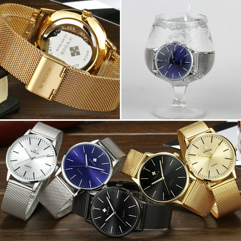 WWOOR Men Simple Slim Quartz Watch Gold Steel Mesh Ultra Thin Men Watc ...